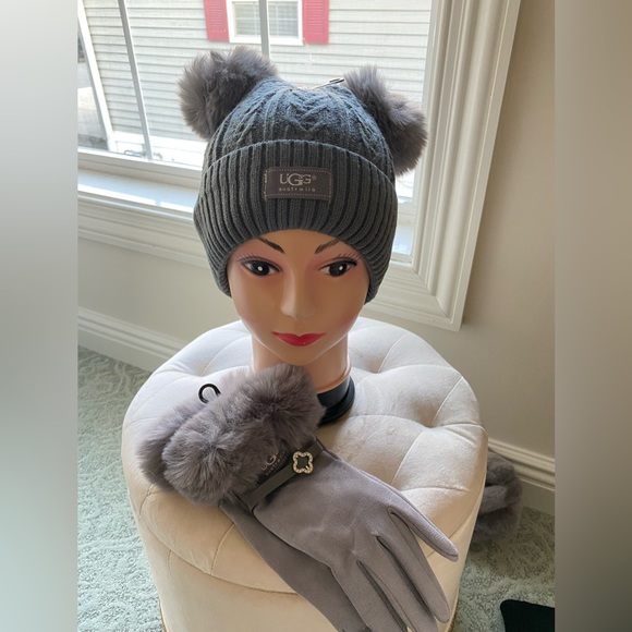 UGG | Accessories | Ugg Grey Double Faux Fur Pom Pom Hat Faux Fur Rhinestone Suede Tech Glove ...